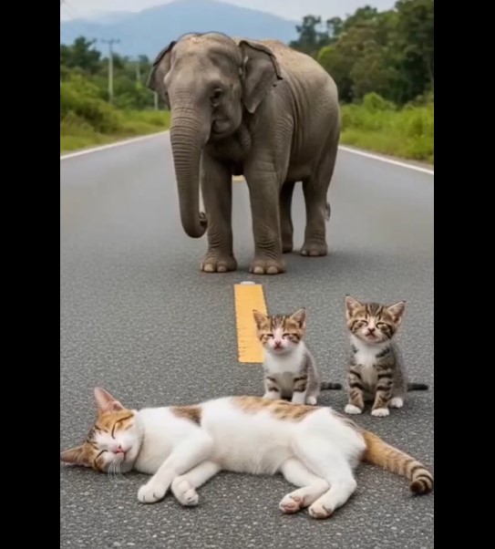 An Elephant Saves a Mother Cat and Her Kittens in the Middle of the ...